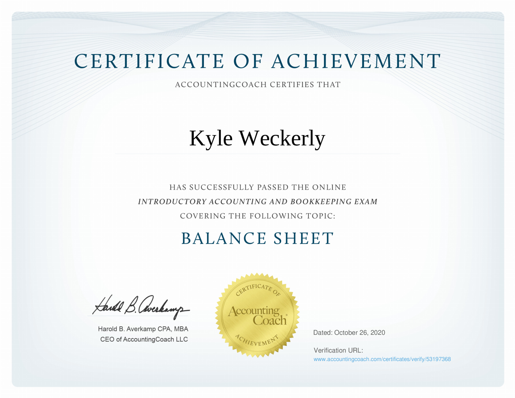 Balance Sheet Certificate of Achievement | AccountingCoach